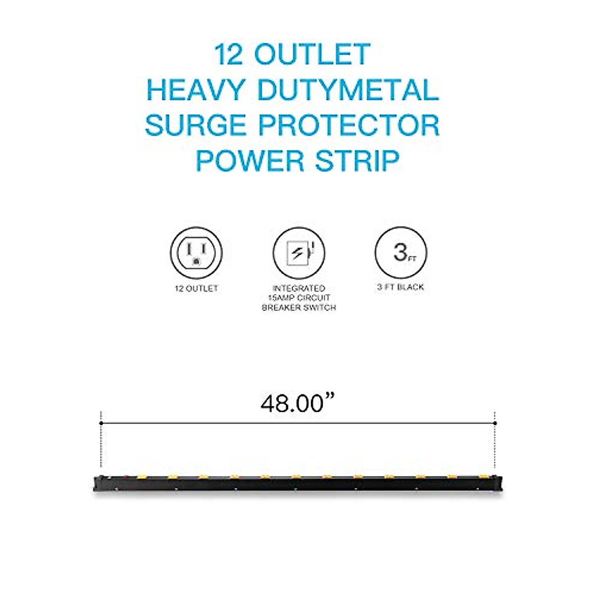 KMC 12 Outlet Heavy Duty Workshop Metal Power Strip with 3-Foot Long Extension Cord with Circuit Breaker, for Workshop and Industrial use, ETL Certified,Black