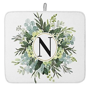 LIFEMUSION Eucalyptus Leaves Dish Drying Mat for Kitchen Counter, Monogram Letter N Baby Bottle Microfiber Drying Pad, Watercolor Teal Botanical Absorbent Coffee Cup Dishes Drainer Mats 16"x18"