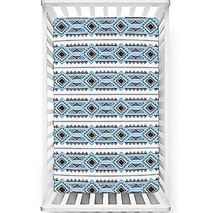 Tribal Themed Fitted Mini Crib Sheets,Portable Mini Crib Sheets Ultra Soft Material-Crib Mattress Sheet or Toddler Bed Sheet,24“ x38“,Sea Blue Charcoal Grey White