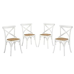 Modway Gear Rustic Modern Farmhouse Elm Wood Rattan Four Dining Chairs in White