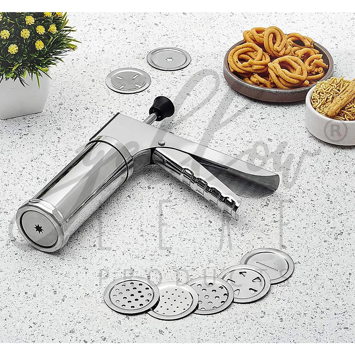 IRAM Stainless Steel Kitchen Press for Noodles, Murukku, Namkeen, and Snacks - Manual Sancha Sev Chakli Gathiya Sevaiya Maker - Silver Kitchen Tool