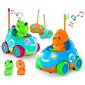 Qumcou Toddler Remote Control Car, Two Cartoon RC Cars for Toddlers, Dinosaur Toys for Kids 3-5, Birthday Gift for Boys & Girls, Car Toys with LED Lights & Music