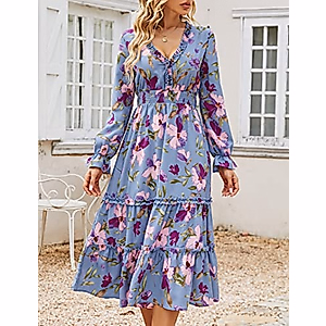 KOJOOIN Womens Long Sleeve Deep V Neck Ruffle Floral Print Maxi Dress High Elastic Waist Flowy Beach Dress Blue M