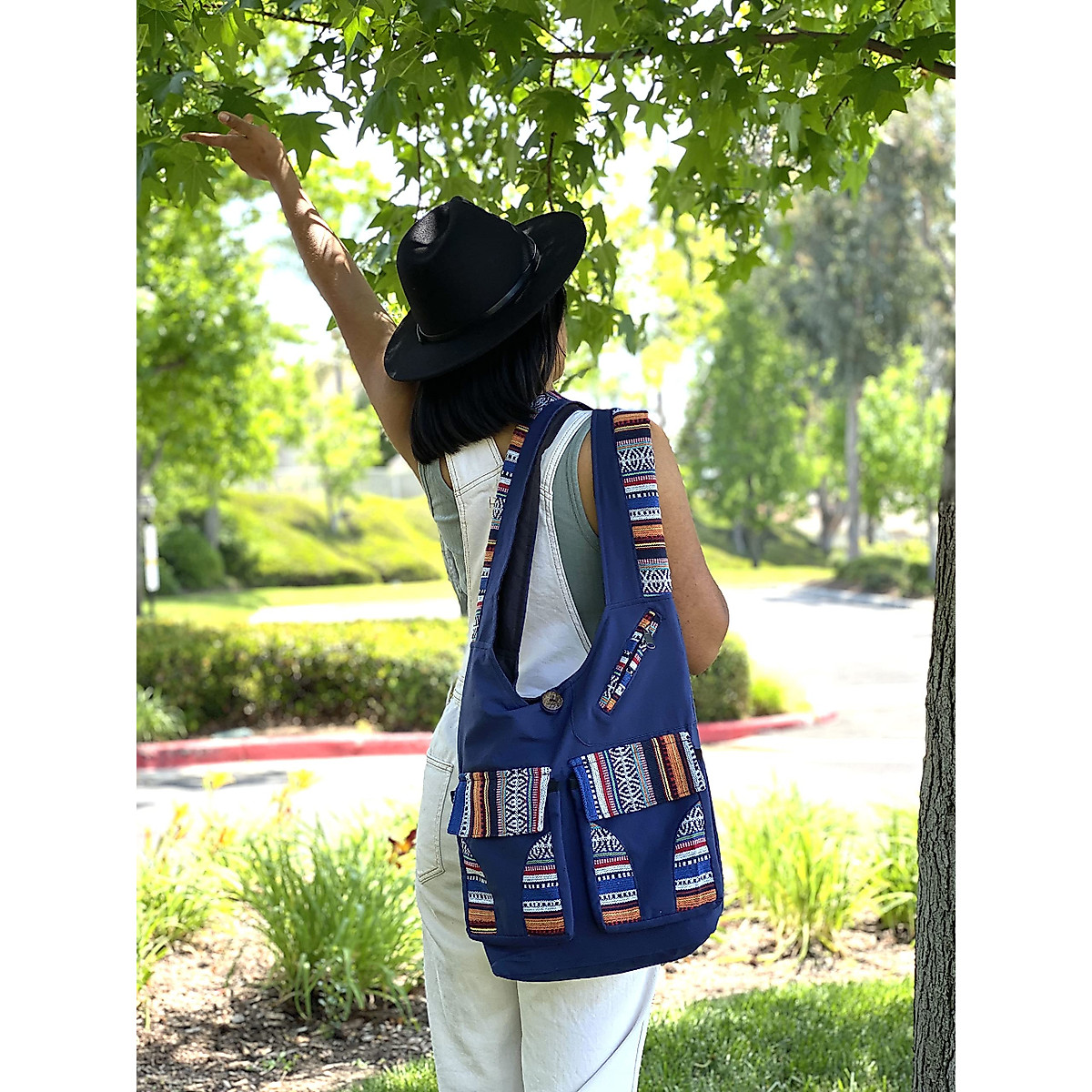 Navy Blue Cross Body Shoulder Bag with Woven Tribal Accent Design Large