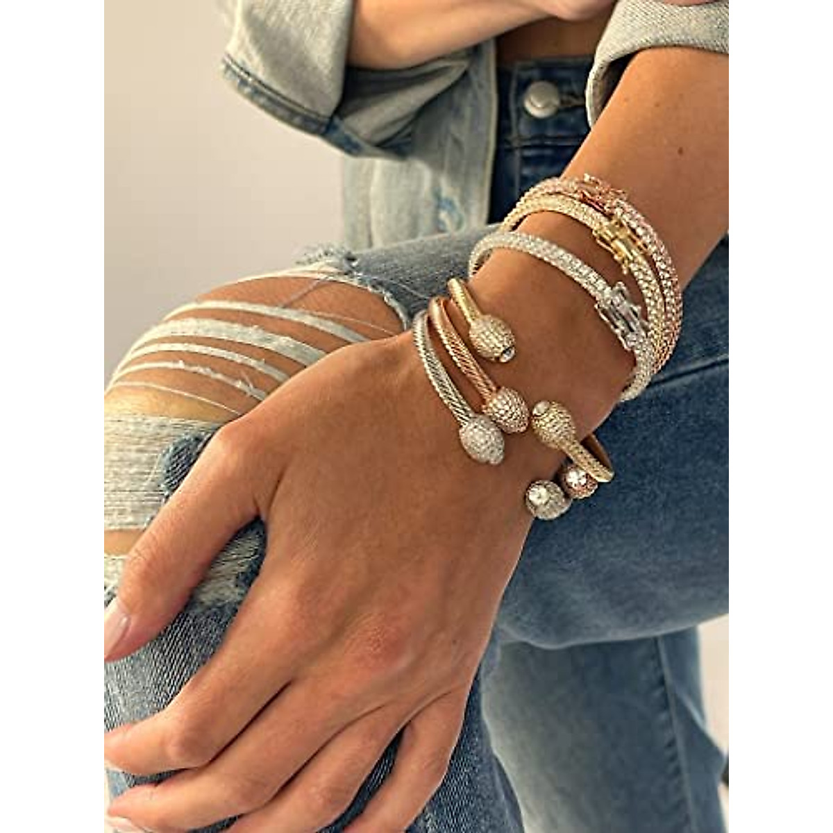 Barzel 18K Gold Plated Crystal Bling Eternity Bangle Bracelet (Silver)