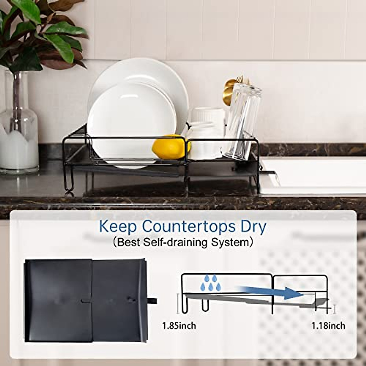 Sgokuno Dish drainers Drying Racks - Small Dish Drying Rack Dinnerware Drainer Removable Drip Tray, Cup Holder, Compact Kitchen Dish Drainers for Countertop