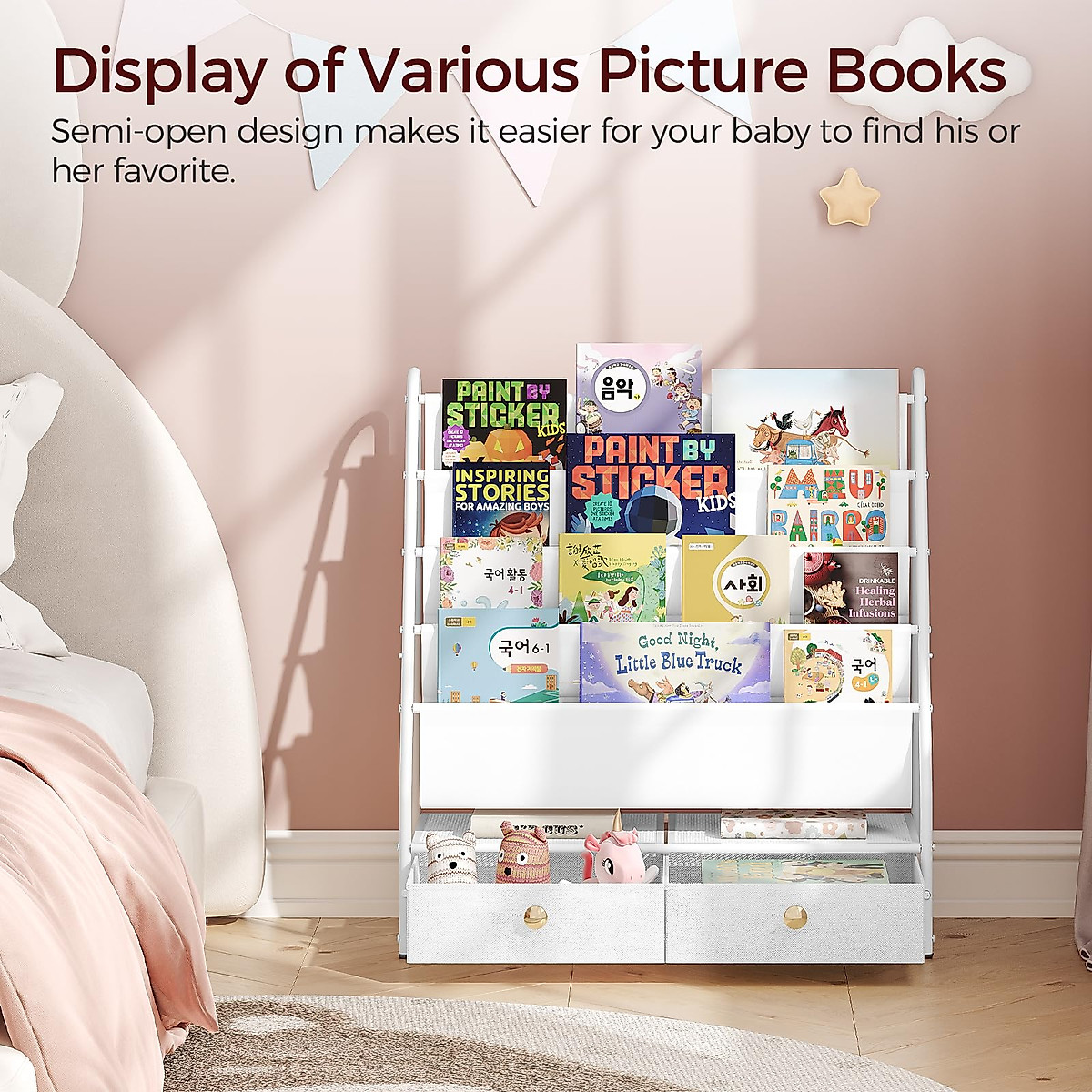 MAHANCRIS Kids Bookshelf, 4 Tier Bookcase, Kids Sling Book Rack with 2 Fabric Drawers, Storage Nursery Book Shelf for Children, Toy Organizer for Kids Room, Living Room, Study Room, White BKBW7401