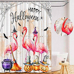 BBIOKD Halloween Shower Curtain Vintage Funny Flamingo Horror Gothic Pumpkin on Grey Wood Magic Witch Hat with Bat Bathroom Fabric Polyester Bath Curtains Bathroom Set with Hooks 70x70 Inch