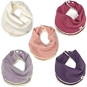 Kishu Baby Indi - GOTS Organic Pom Pom Bibs for Girls - Set of 5 Super Soft Muslin Baby Drool Bibs with Snaps (Partita)