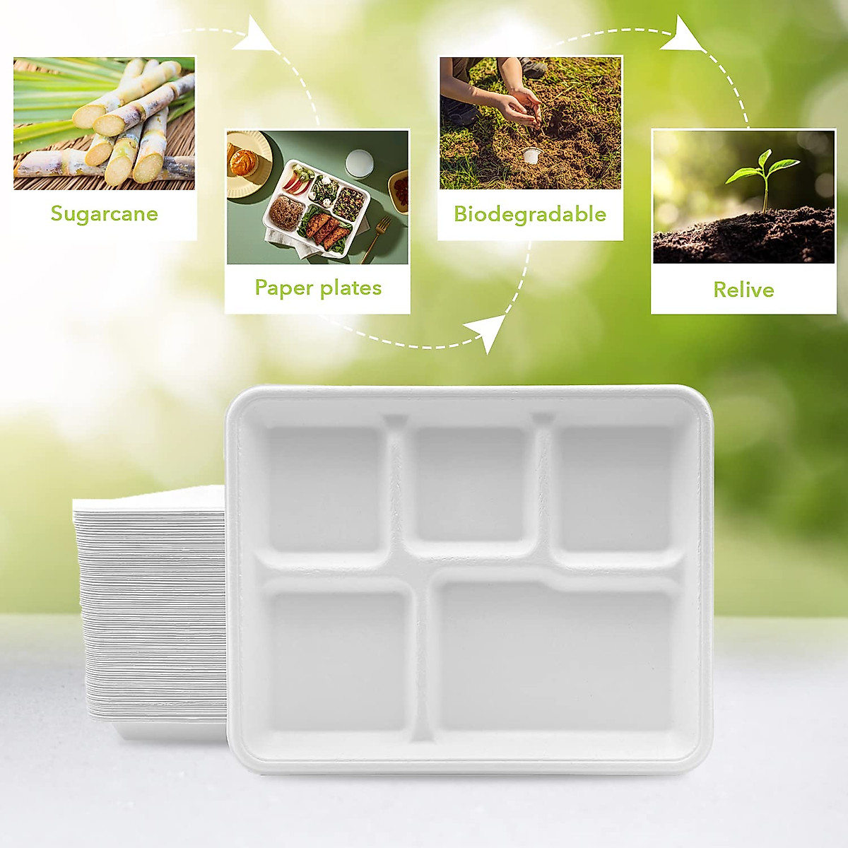 Three Leaf 5 COMPARTMENT BAGASSE (SCHOOL) TRAY 50 Ct. Heavy-Duty- Super Strong- Natural- Eco-Friendly Disposable Bagasse Plates, 100% Biodegradable 5 Compartment meal Plates