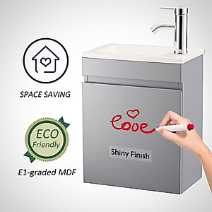 AHB 16" Bathroom Vanity W/Sink Combo for Small Space, Wall Mounted Bathroom Cabinet Set with Chrome Faucet Pop Up Drain U Shape Drain (Grey)…