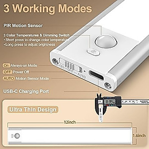 Okumoe Under Cabinet Lights, Premium LED Motion Sensor Under Cabinet Lighting, 3 Color Temperatures Closet Light for Wardrobe, Cupboard, Kitchen, 12" Wireless Rechargeable(2 Pack)