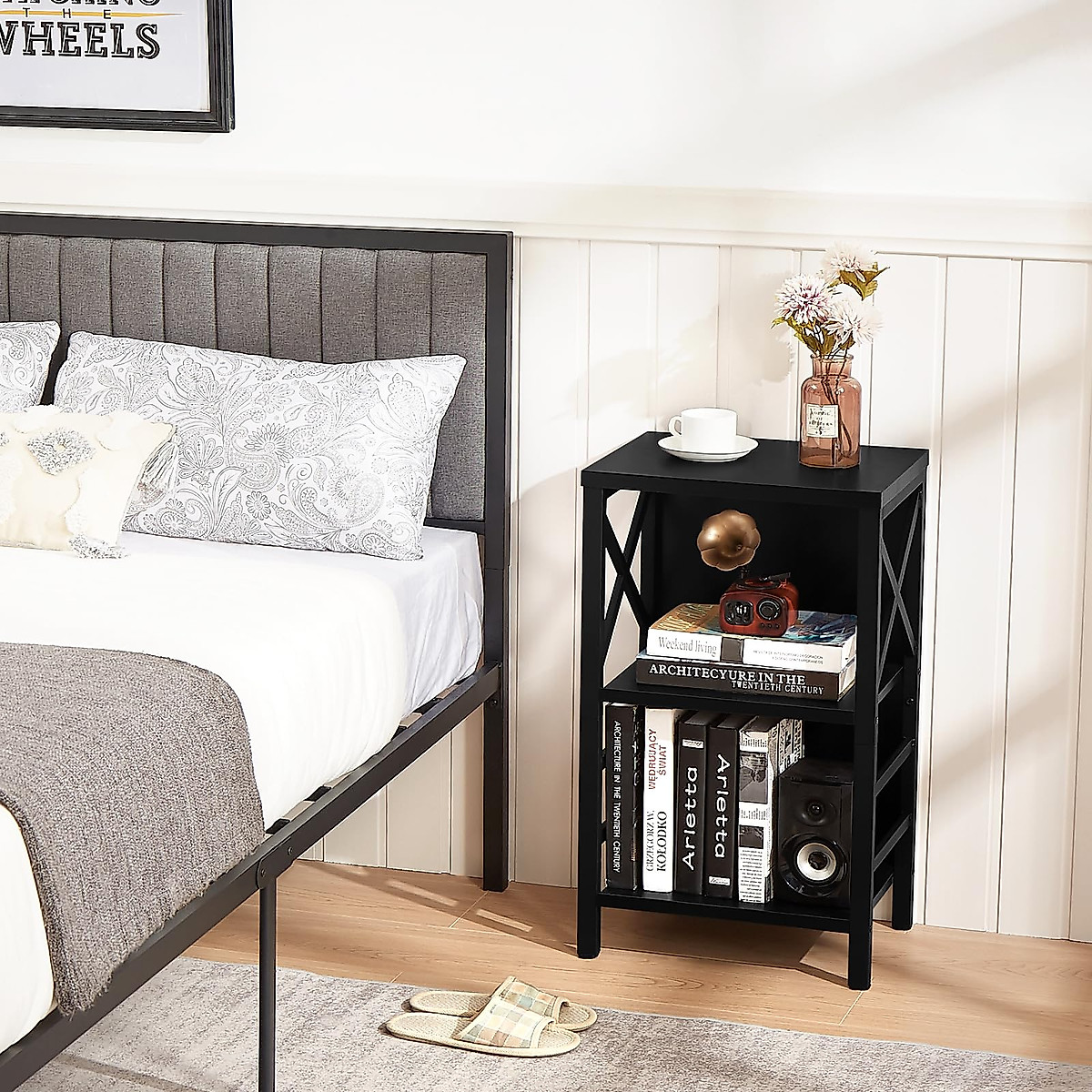 MNEETRUNG Small Bookcase,3 Tier Industrial Bookshelf with Metal Frame and Backboard,Low Black Book Shelf,Small Book case for Small Spaces,Living Room,Bedroom and Home Office