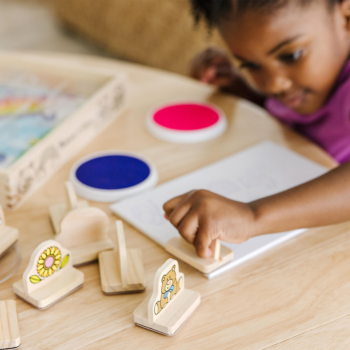 Melissa & Doug My First Wooden Stamp Set Favorites (8 Stamps with Handles, 2 Washable Ink Pads) Wooden Kids Stamps With Handles Set, For Kids Ages 3+