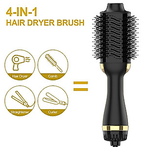Dimecano Hair Dryer Brush, 4 in 1 One Step Hair Dryer and Styler Volumizer Professional Hot Air Brush with Negative Ion Anti-frizz Blowout for Drying, Straightening Curling - Black Gold