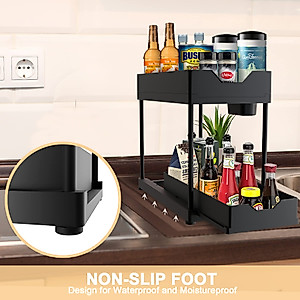 2-Tier Under Sink Organizer, Double Sliding Cabinet Storage Drawer, Storage Pull For Home Bathroom Kitchen Pantry Office, with 4 Hooks 2 Hanging Cups 4 Dividers 4 Non-Slip Feet