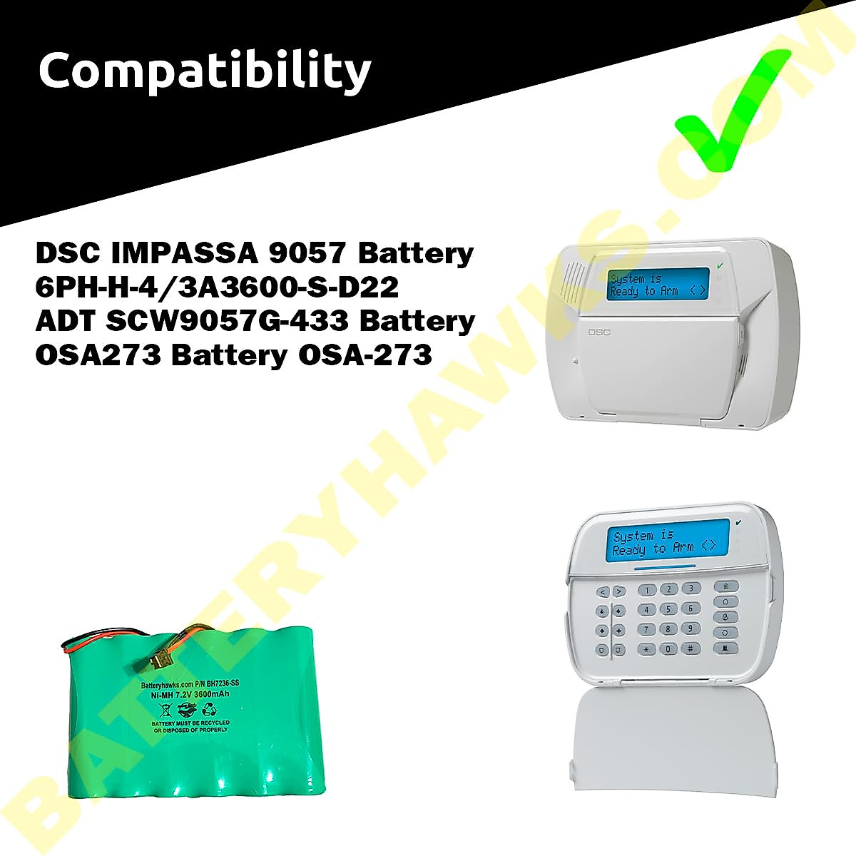DSC IMPASSA 9057 Battery 6PH-H-4/3A3600-S-D22 7.2v 3600mAh Ni-MH Wireless Security System ADT SCW9057G-433