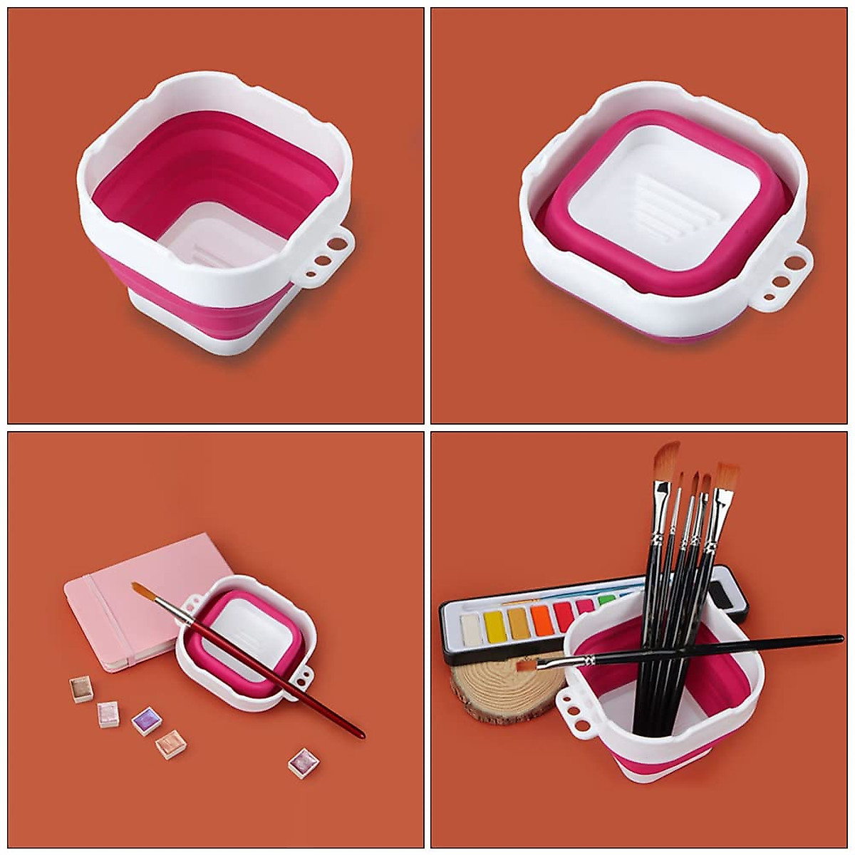 ULTNICE Paint Brush Washer Folding Painting Water Cup Portable Collapsible Painting Washing Bucket Basin Silicone Foldable for Watercolor Acrylic Oil Painting Red