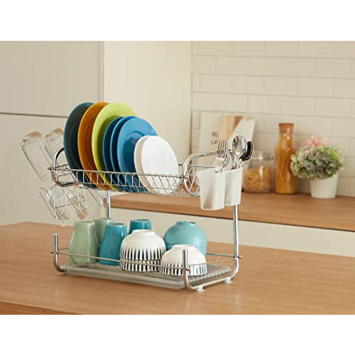 Naturous Dish Drying Rack 2 Tier, Kitchen Dish Rack with Drainboard