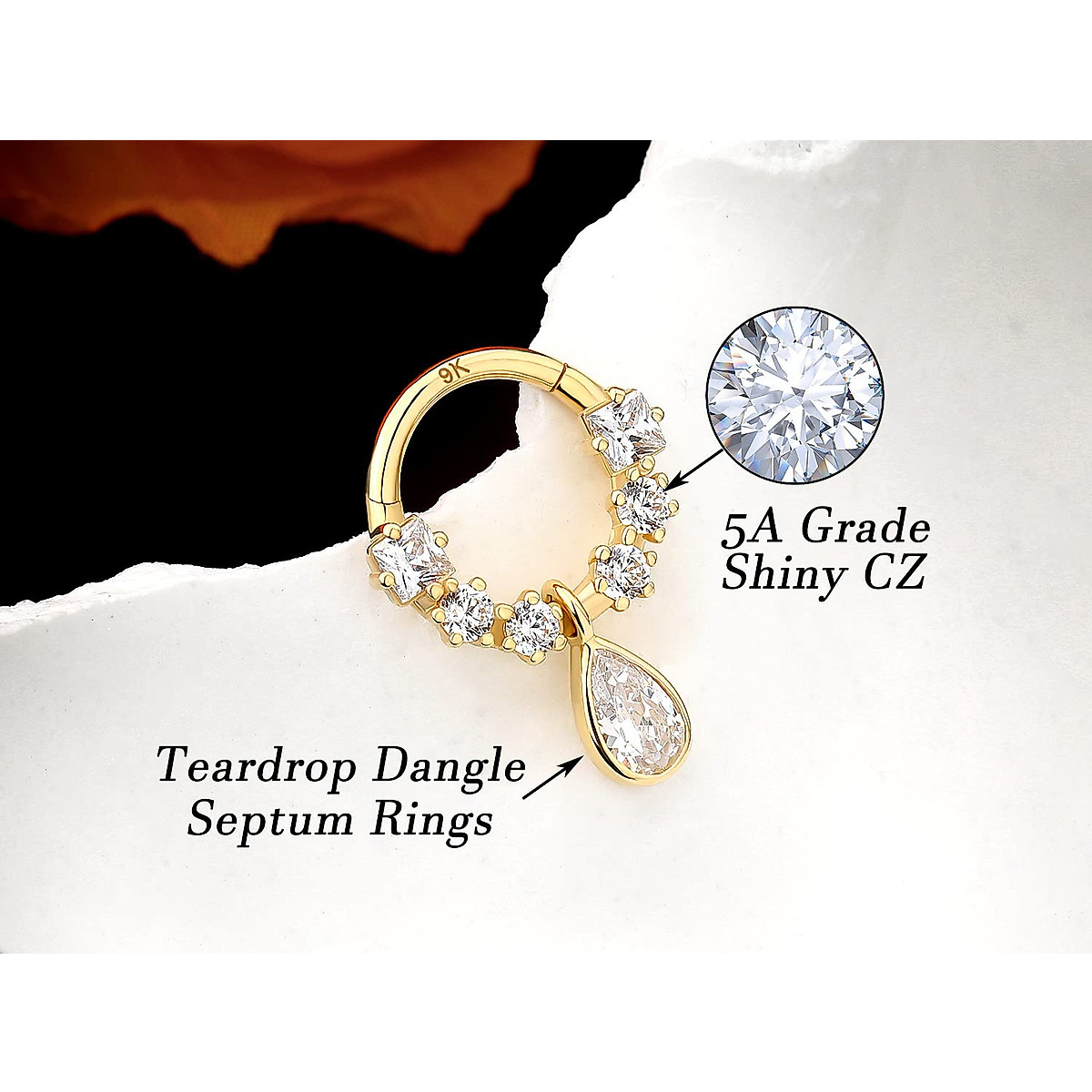 Melighting 9K Gold Septum Rings 16G Teardrop Solid Gold Septum Jewelry Helix Piercing Jewelry for Women Clear CZ Gold Tragus Piercing Jewelry