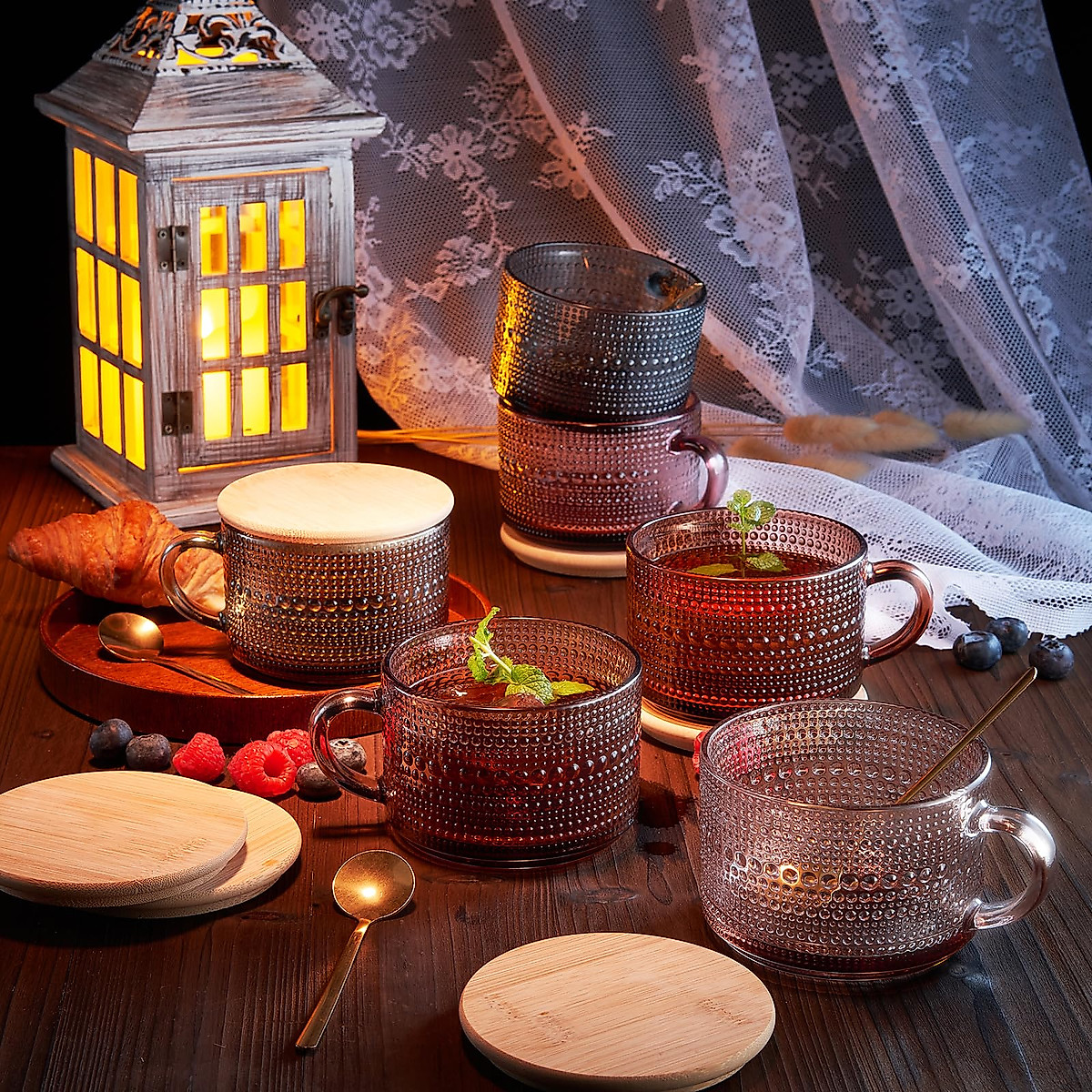 Khen Fall Colors Glass Coffee Mugs Set With Handles, Spoons & Lid | Set of 6 | 15oz Hobnail Embossed With Bamboo Lids & Gold Spoons, Glassware Mug Bubble Glasses - Cute Cups Coffee, Tea Oats Colored