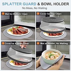 LekDrok 10 Inch Microwave Food Cover & Collapsible Silicone Mat - Splatter Guard, Plate Holder & Kitchen Colander for Meal Prep, Charcoal