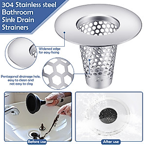 ProSuites 2PCS Bathroom Sink Drain Strainers fit Hole Size 1.2"-1.6" Stainless Steel Bathtub Hair Catcher Cone Shaped Water Drain with 2PCS Strainers Cover