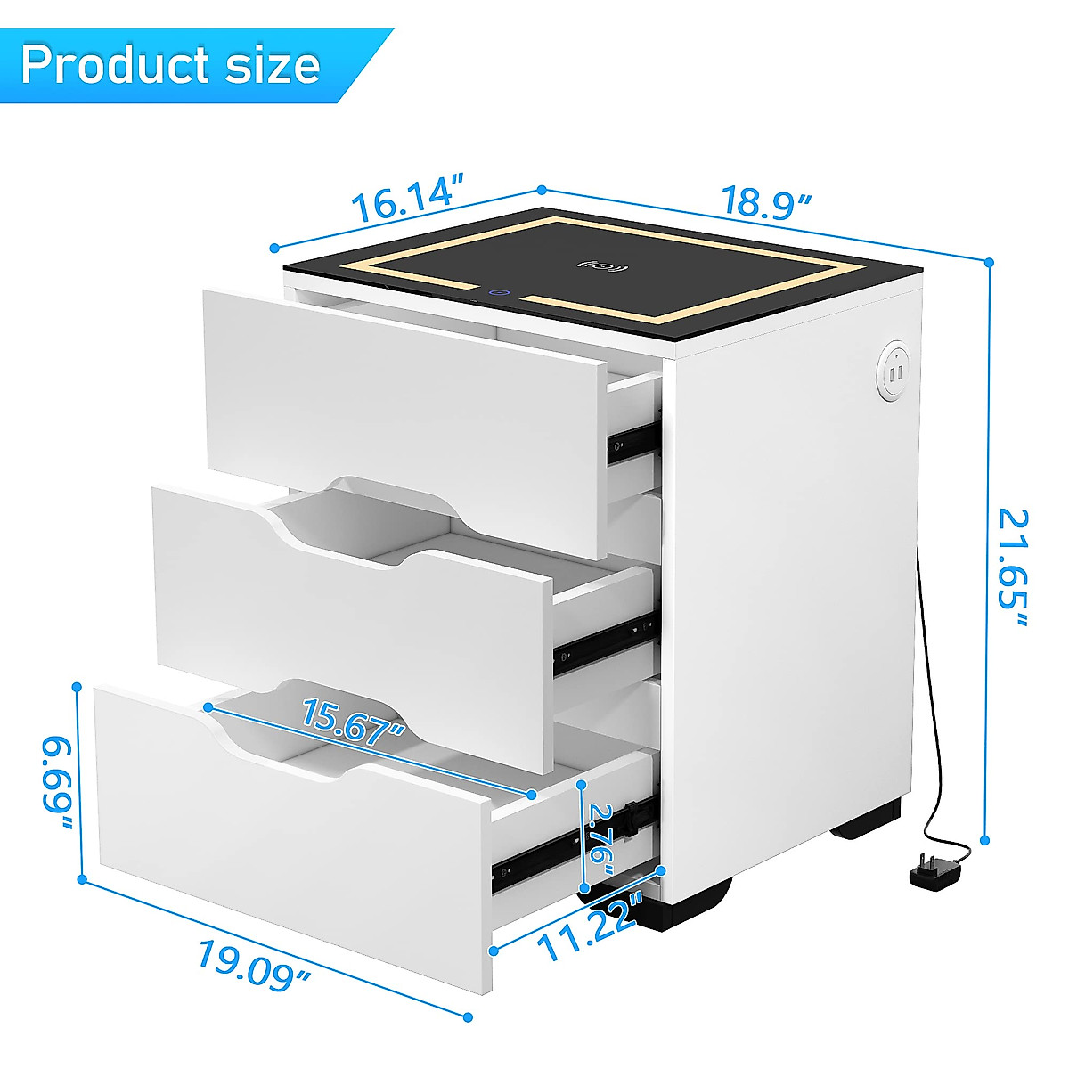 Jehiatek White Nightstand Set of 2, Night Stand Set 2 with Wireless Charging Station, High Gloss End Table with Adjustable LED Lights & USB Charging, Bedside Table Set of 2 with 3 Drawers (White)