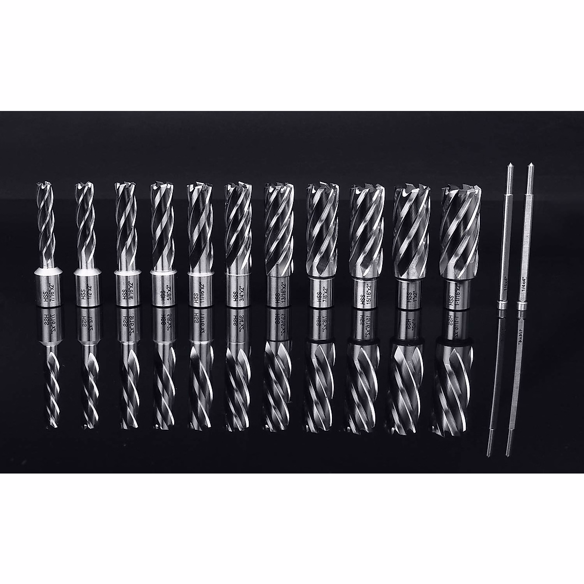 Accusize Industrial Tools 13 Pcs/Set 7/16'' to 1-1/16'' H.S.S. Annular Cutters, 2'' Cutting Depth with 2 Pilot Pins, N1