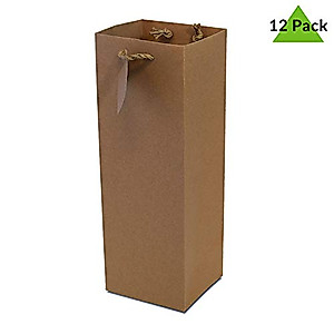 Wine Gift Bag - 12 Pack Large Brown Luxury Kraft Paper Bottle Bags with Jute Handles, Reusable, for Gift Bottles, Presents, Parties, Weddings, House Warming, Christmas, Holidays in Bulk - 5x4x14