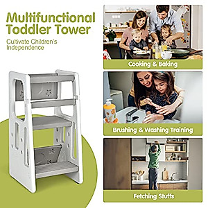 Costzon Kids Kitchen Step Stool with Double Safety Rails, Toddler Learning Stool with 3 Adjustable Heights and Non-Slip Foot Pads, Toddler Tower for Kitchen Countertop and Bathroom (Gray)