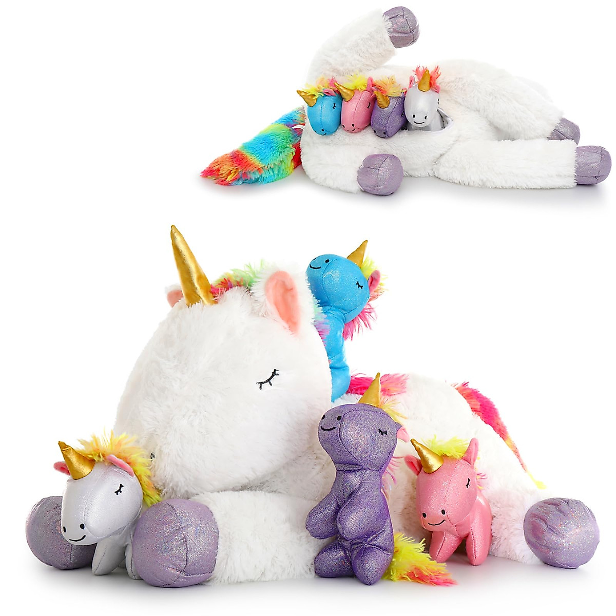 DOLDOA 22'' Unicorn Stuffed Animal for Girls, Mommy Stuffed Unicorn with 4 Baby Unicorns, Cute Plush Unicorn Plush Toy for Kids