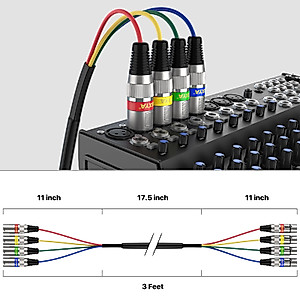 EBXYA 3 Ft XLR Snake Cables 4 Colored, 4-Channel Microphone Patch Cable XLR Male to Female, Recording Snake for Live, Recording, Studios 2 Pack