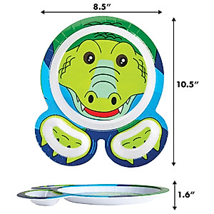 Bentology Zoo Friends Mealtime Melamine Feeding Plates - Set of 4 Different Cute Animal Pal Dishes for Kids - Panda, Alligator, Tiger & Monkey - Divided Compartments, BPA Free