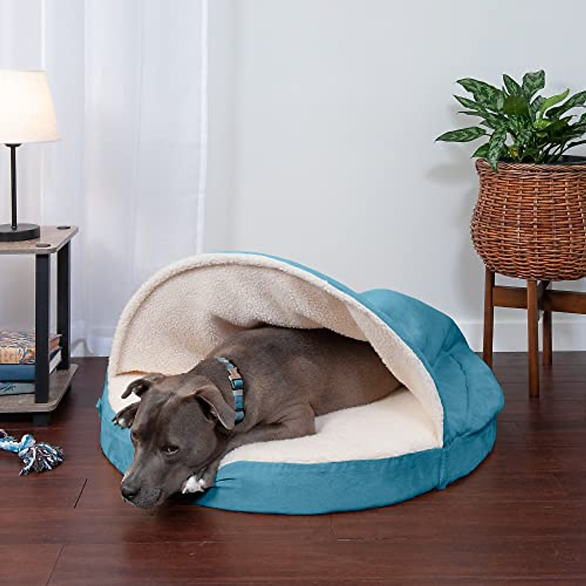 Furhaven 35" Round Cooling Gel Dog Bed for Large/Medium Dogs w/ Removable Washable Cover, For Dogs Up to 50 lbs - Sherpa & Suede Snuggery - Blue, 35-inch
