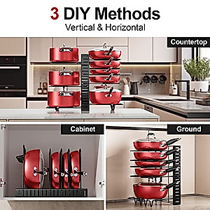 MUDEELA Pan Organizer Rack for Cabinet with 3 DIY Methods and 8-Tier Adjustable Heavy Duty Pan Organizer Rack for Cabinet Bundle