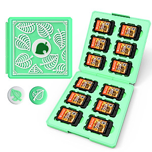 UFOPETIE 12 in 1 Game Card Case for Nintendo Switch Game Card ,Compatible with Nintendo Switch Case Animal Crossing Theme,Game Case for Animal Crossing Cards-Small Green Leaves-Thumb Grip 2PCS