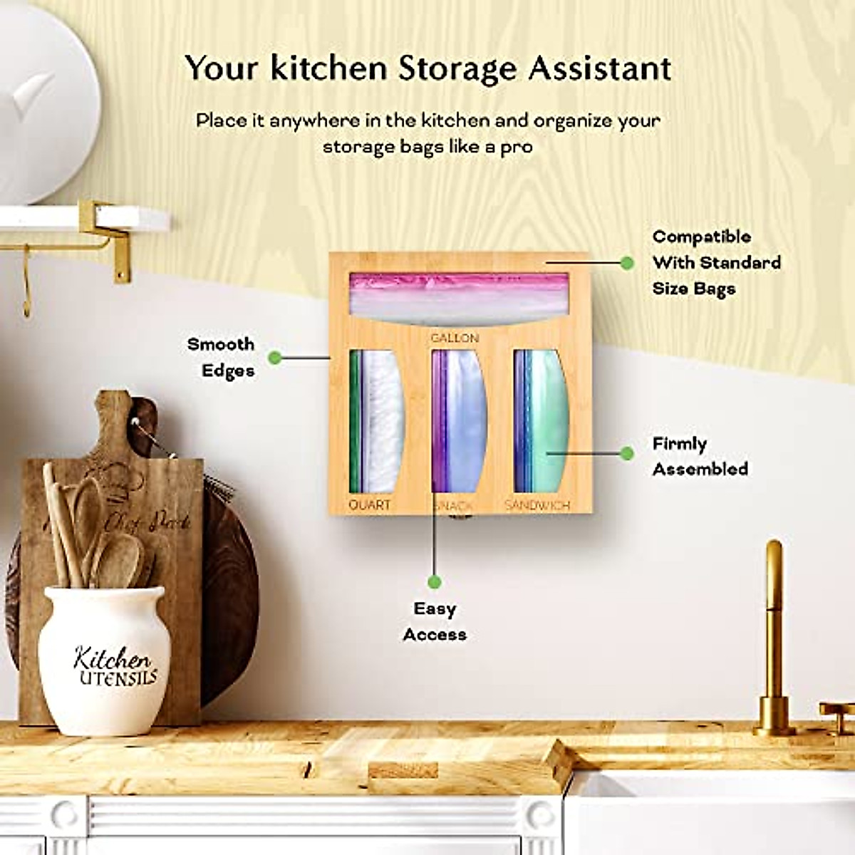 Umiboo Bamboo Resealable Bag Storage Organizer with Hinge - For your Kitchen Drawer, Pantry, Countertop - Easily Organize your resealable storage bags
