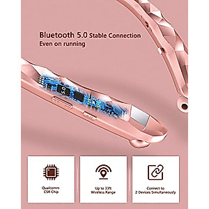 Yooken Bluetooth Headphones, Neckband Bluetooth Headset with Retractable Earbuds, CVC 8.0 Noise Cancelling Stereo Wireless Headphones with Mic for Running, Office Home, Video Conference (Rose)