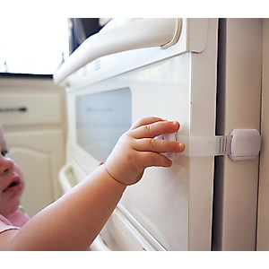 Baby Safety Locks | Child Proof Cabinets, Drawers, Appliances, Toilet Seat, Fridge and Oven | Tools Not Required | Uses 3M Adhesive with Adjustable Strap and Latch System (6-Pack, White)