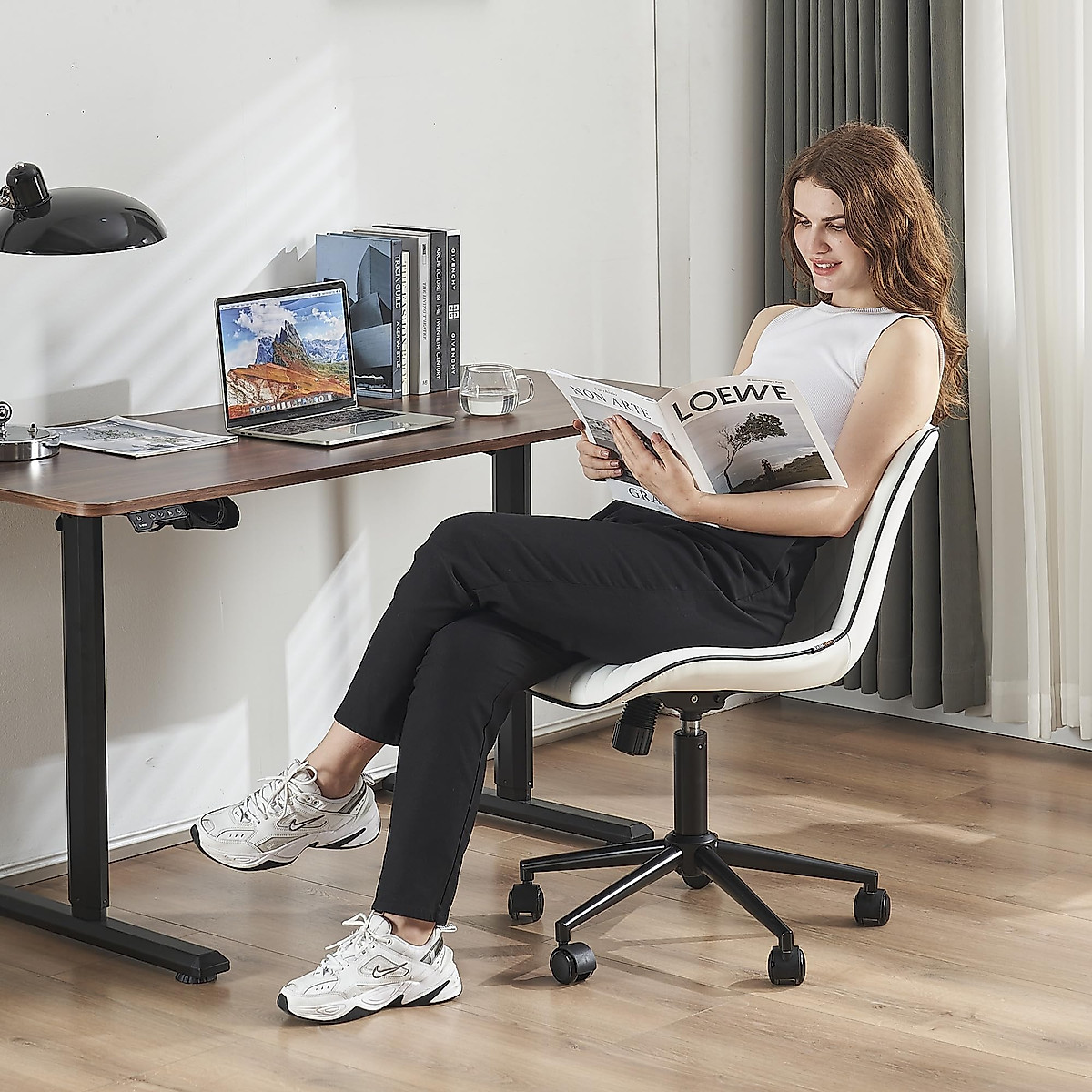 YOUTASTE Office Chair Modern Armless Desk Chair, Height Adjustable Swivel Rocking Computer Task Chair, Faux Leather Sewing Chairs with Wheels, Stylish Lounge Vanity Chair,White