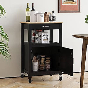 Rolling Kitchen Island Cart with Storage, Farmhouse Kitchen Cart on Wheels, Kitchen Cabinet with Barn Door and Drawer for Dining Room, Wood Top & Side Hooks, 36” H, Black