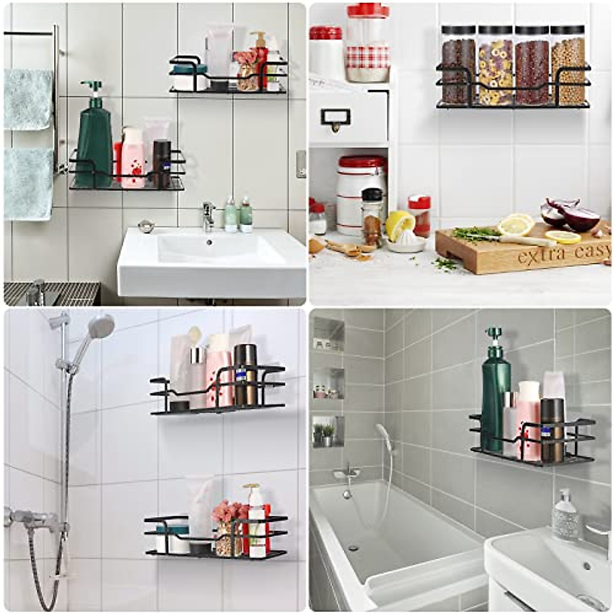 Shower Caddy Adhesive Basket Shelf Drill-Free Kitchen or Bathroom Organizer - Black Basket Shelves Hooks for Washroom Accessories Adhesive Stainless Steel Shampoo Holder, Kitchen Shelf Rack 2 Pck