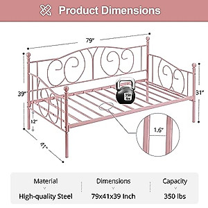 VECELO Metal Daybed Frame Multifunctional Platform Bed Sofa Mattress Foundation with Deluxe Headboard, Twin, Pink