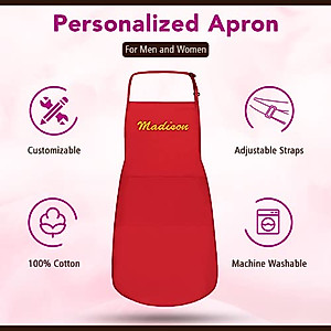Personalized Apron with Hat for Men and Women - Custom Apron with Embroidered Name - Unisex Red Apron with Pockets for Kitchen Cooking Baking Restaurant BBQ Painting Crafting