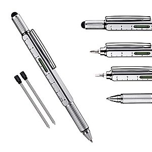 Useful Gadgets Business Gift for men, 6 in 1 Sliver tool pen with Ruler, Level gauge, Ballpoint Pen, Stylus and 2 Screw Drivers, Multifunction Tool Pen Fit for Engineers and Technicians in Gift Box