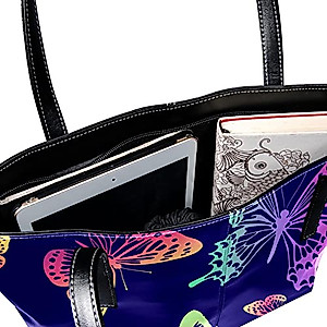 Women Tote Shoulder Bag, Colorful Butterflies Leather Work Handbag with Zipper for Teens College Students
