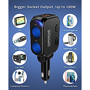 SUPERONE 180W Cigarette Lighter Splitter with 20W PD, 2-Socket Cigarette Lighter Adapter, Fast USB C Car Charger with Type-C 20W PD & QC 3.0 for Dash Cam, GPS, Laptop/iPad/iPhone 14/13/12/11/X/Samsung