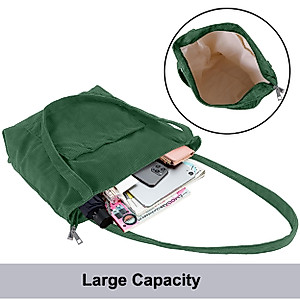 ALUWU Corduroy Tote Bag for Women Corduroy Purse with Front Pocket and Zipper Shoulder Hobo Handbags Simple Canvas Purse, Forest Green