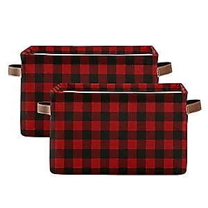 ALAZA Merry Christmas Plaid Buffalo Large Storage Basket with Handles Foldable Decorative 1 Pack Storage Bin Box for Organizing Living Room Shelves Office Closet Clothes